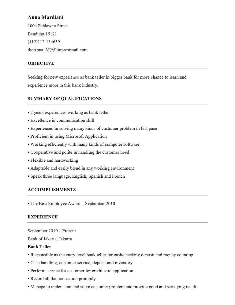 Curriculum Vitae Bank Teller yang Menarik - Kumpulan CONTOH SURAT